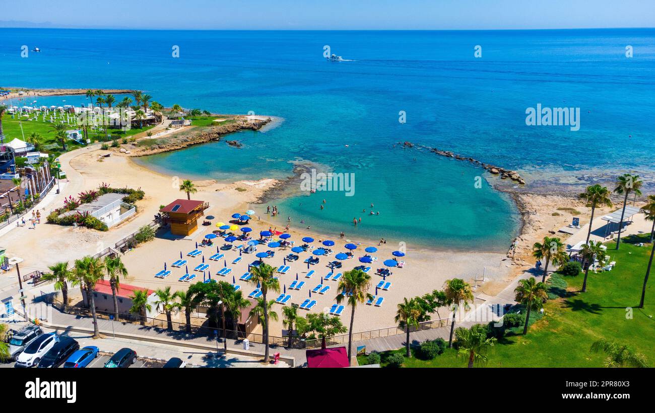 Aerial bird's eye view of Pernera beach in Protaras, Paralimni ...