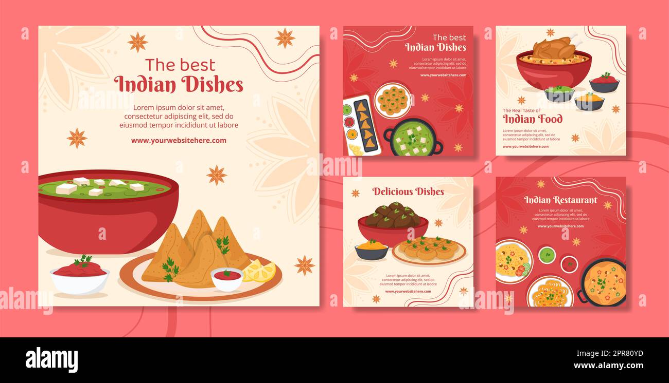 Indian Food Restaurant Social Media Post Template Flat Cartoon ...