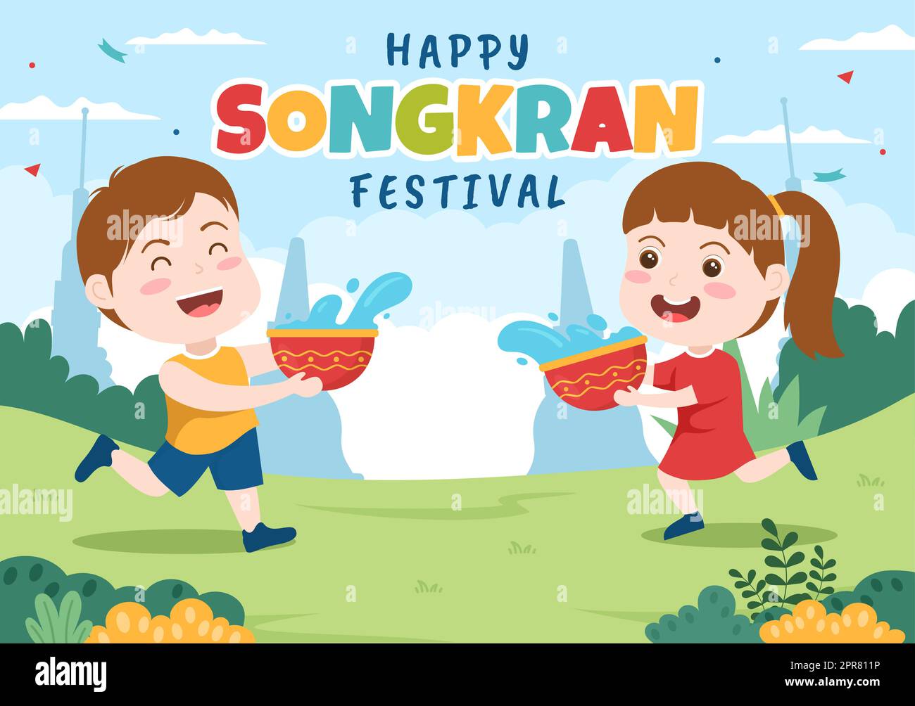 Happy Songkran Festival Day Hand Drawn Cartoon Illustration with Cute ...