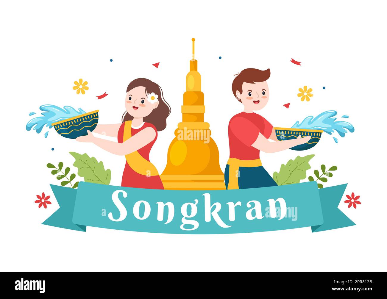 Happy Songkran Festival Day Hand Drawn Cartoon Illustration Playing ...