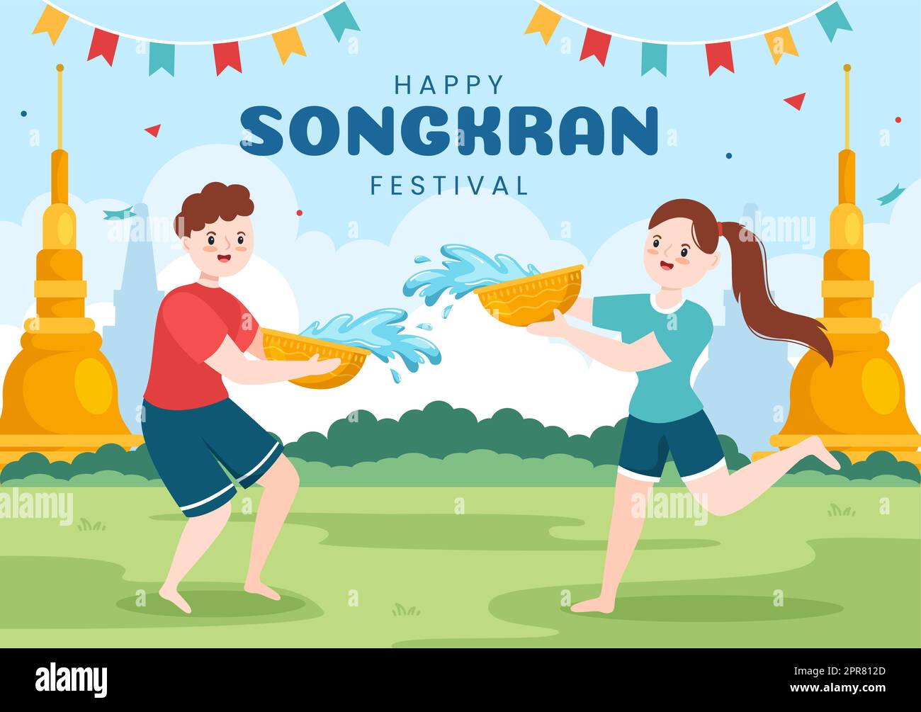 Happy Songkran Festival Day Hand Drawn Cartoon Illustration Playing ...