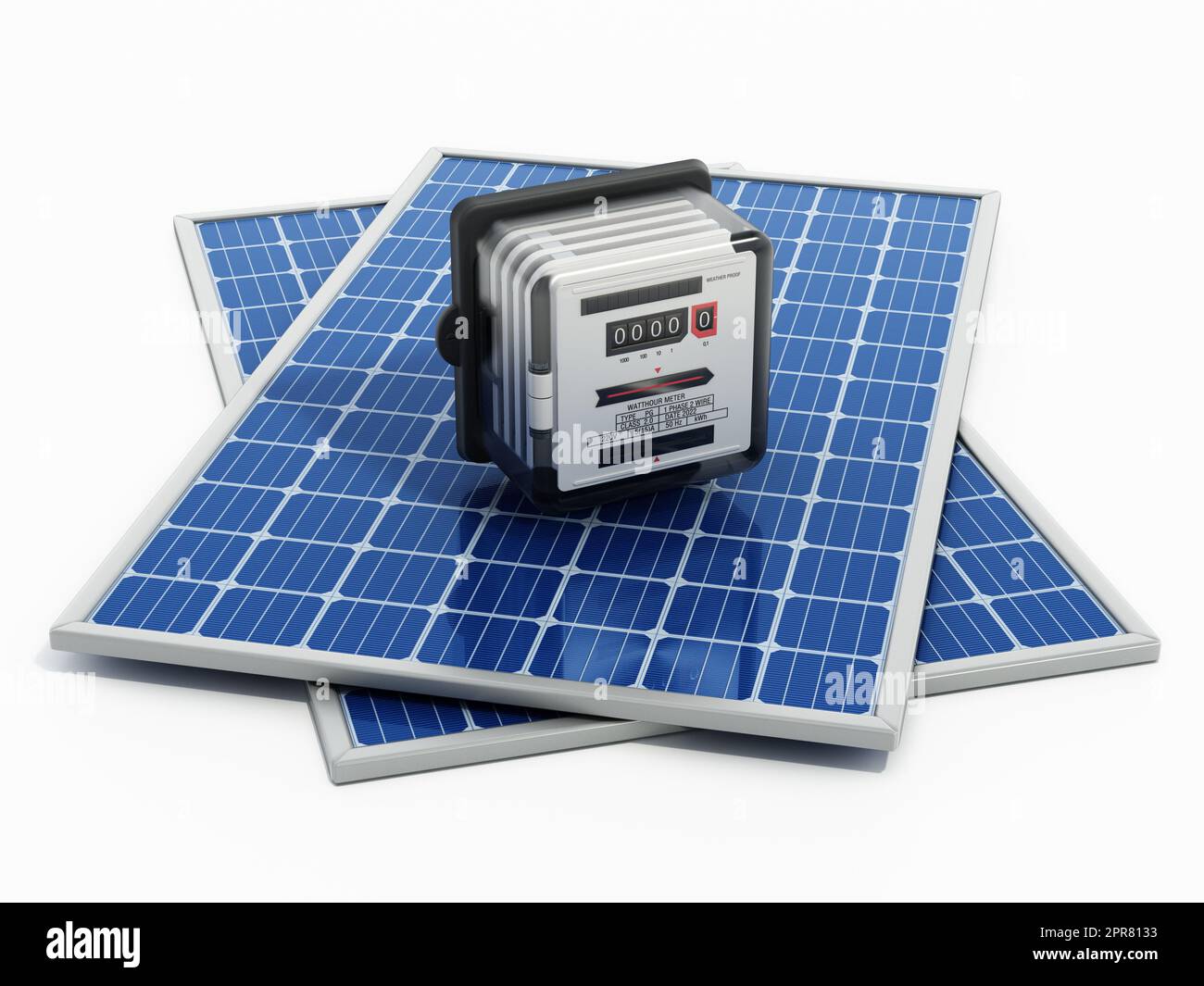 Solar panels and electricity meter isolated on white background. 3D ...