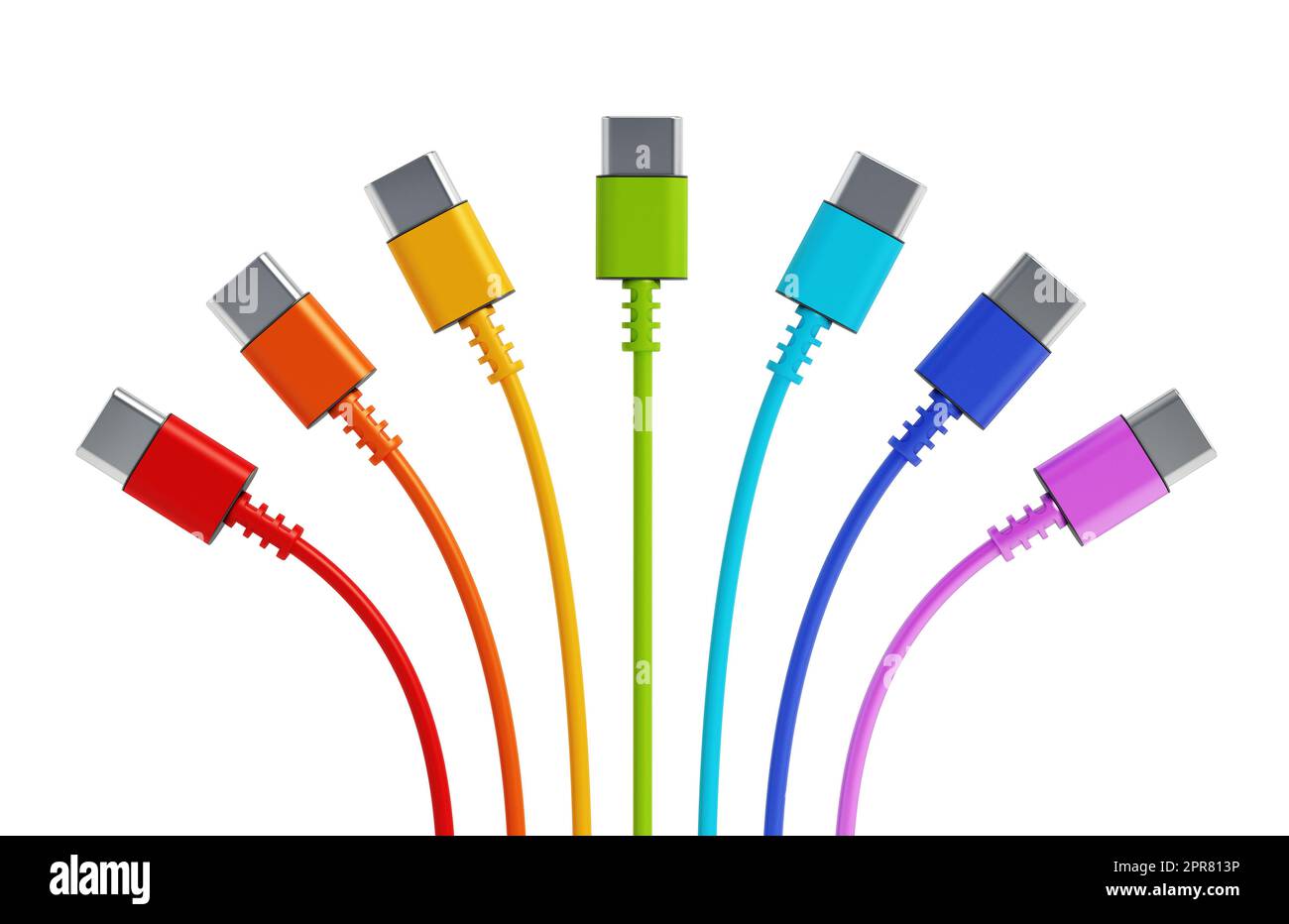 Colorful type C usb cables isolated on white background. 3D ...