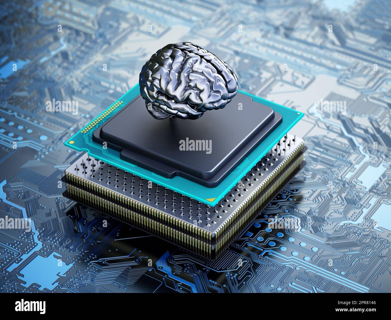 Chrome brain on the CPU installed on the mainboard. 3D illustration ...
