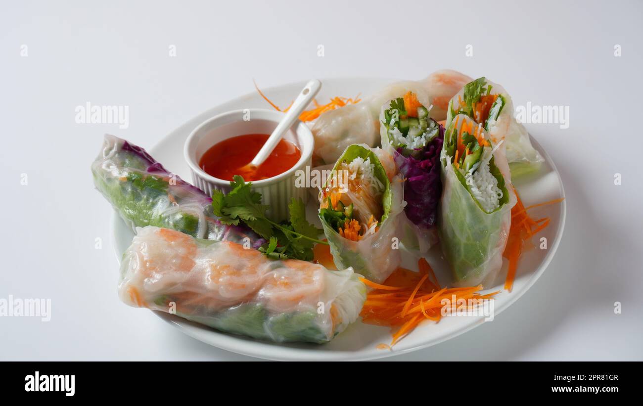 Vietnamese Spring Rolls Goi Cuon or Nem Cuon, filled with prawns, herbs ...