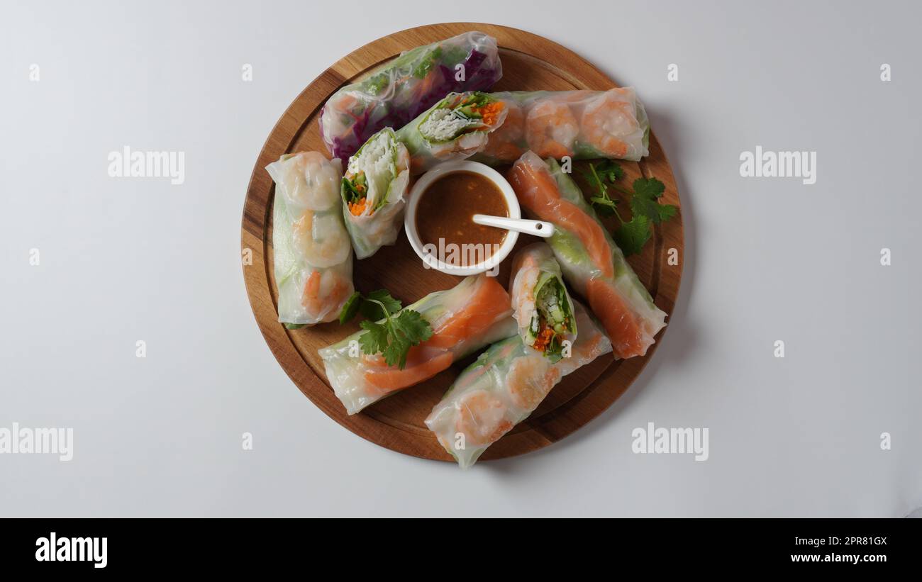 Vietnamese Spring Rolls Goi Cuon Or Nem Cuon Filled With Prawns Herbs