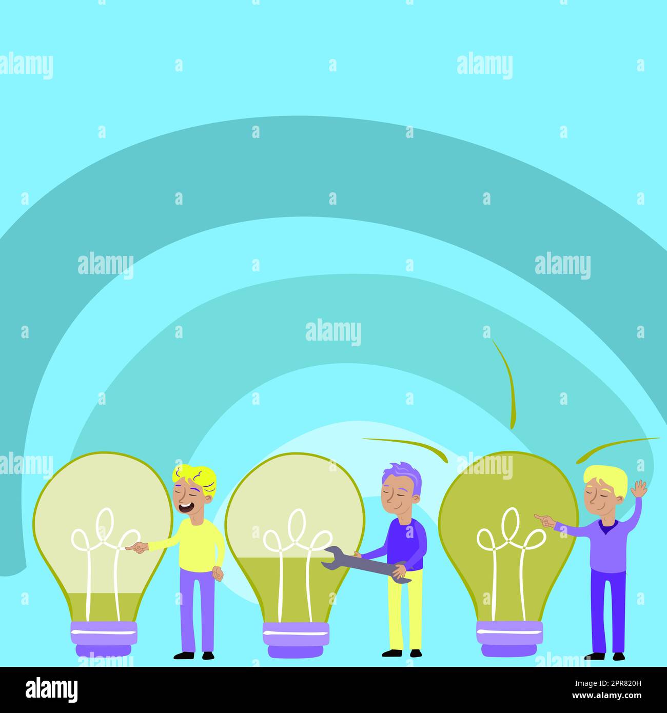 Three Person Fixing Electric Bulbs With Wrenches. Leader Pointing At ...