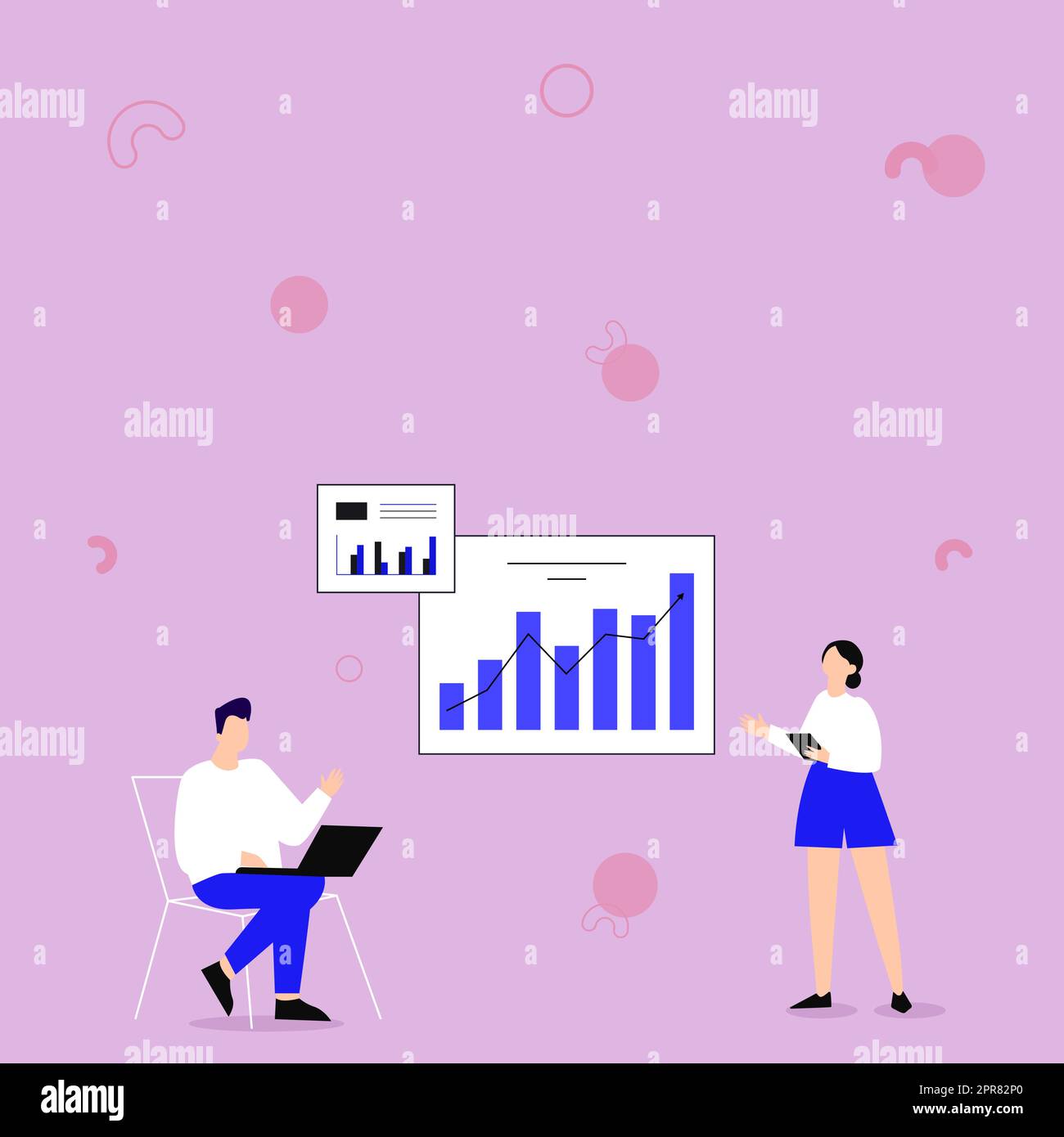 Illustration Of Man Using Laptop And Girl Standing Sharing Ideas For ...