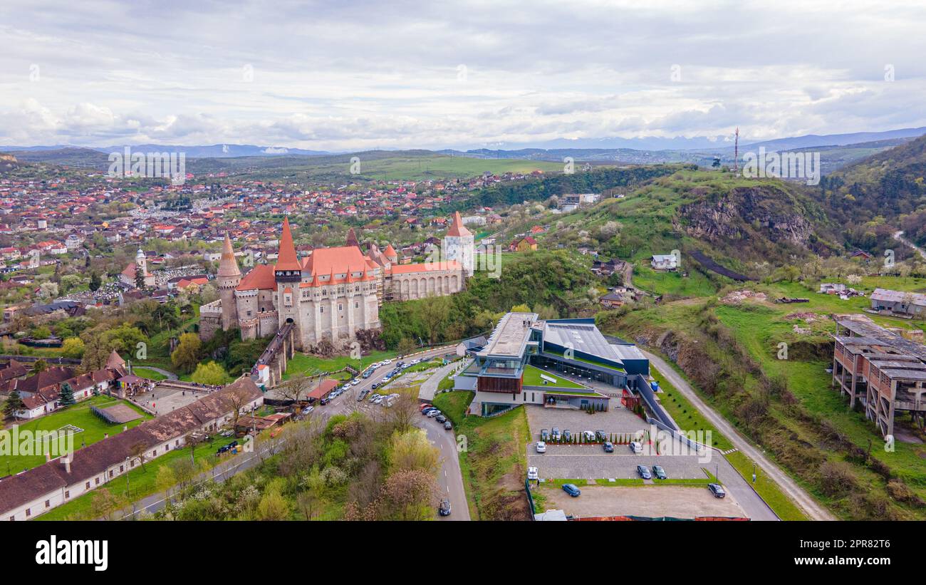 Aerial view of the Huniyad castle in Hunedoara, Romania in spring ...