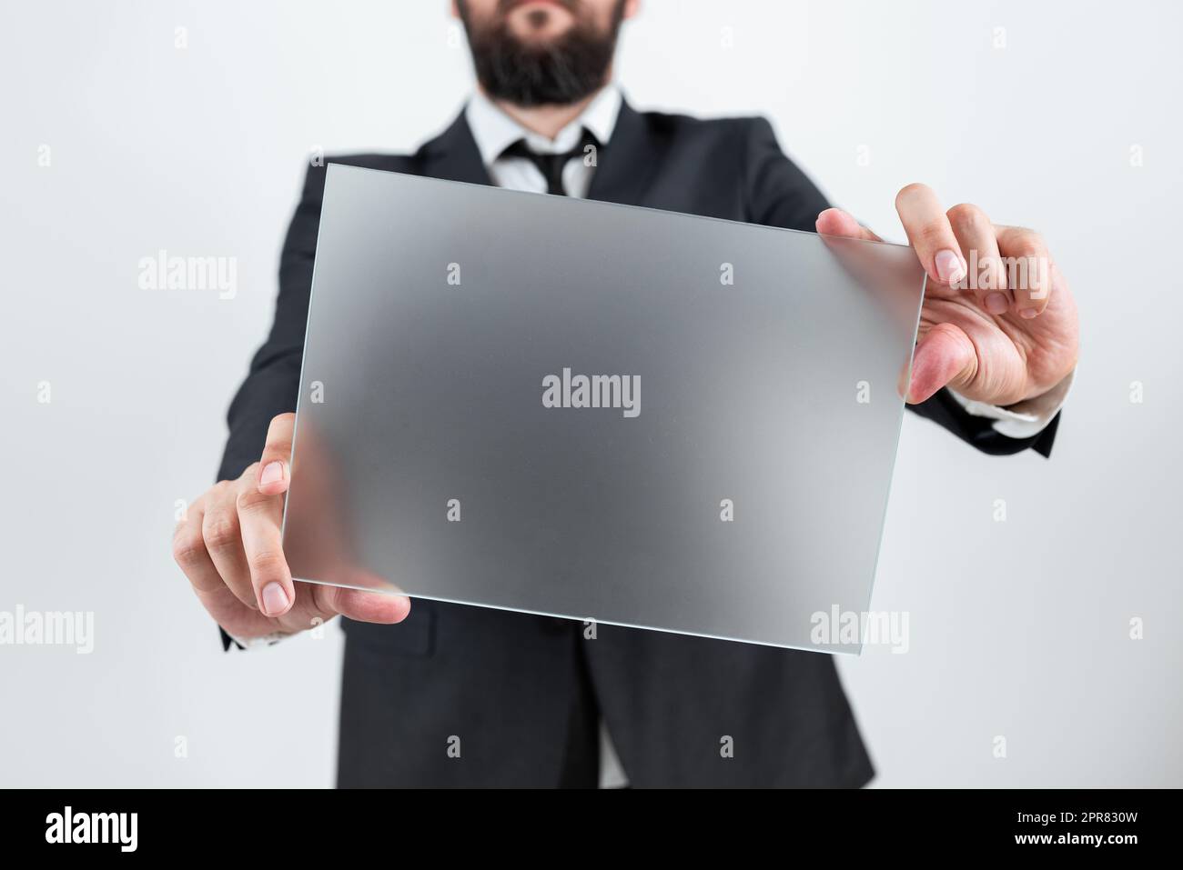 Male Professional Holding Blank Placard And Displaying Business Data ...