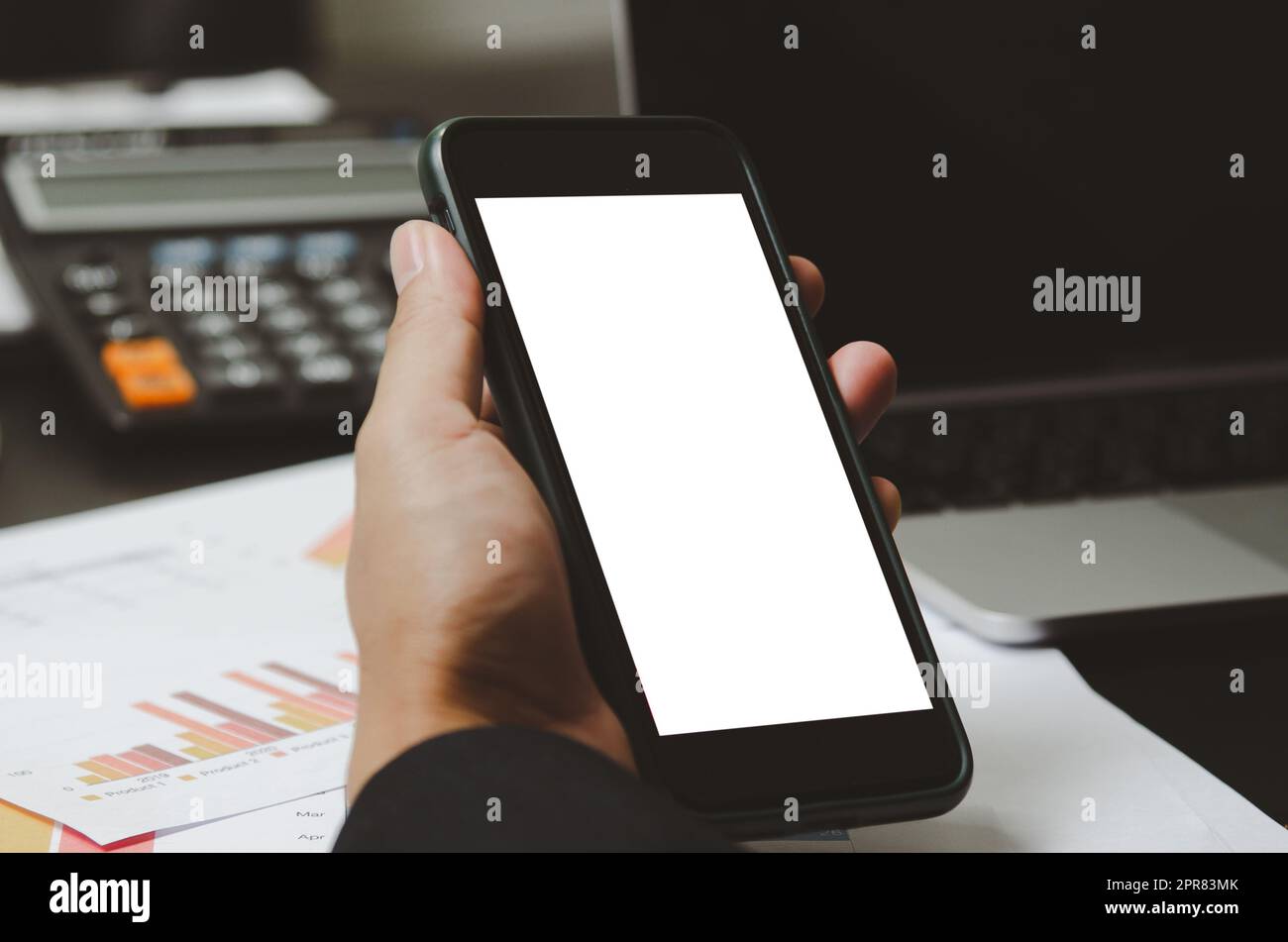 Businessman holding mobile smartphone display mock up white screen ...