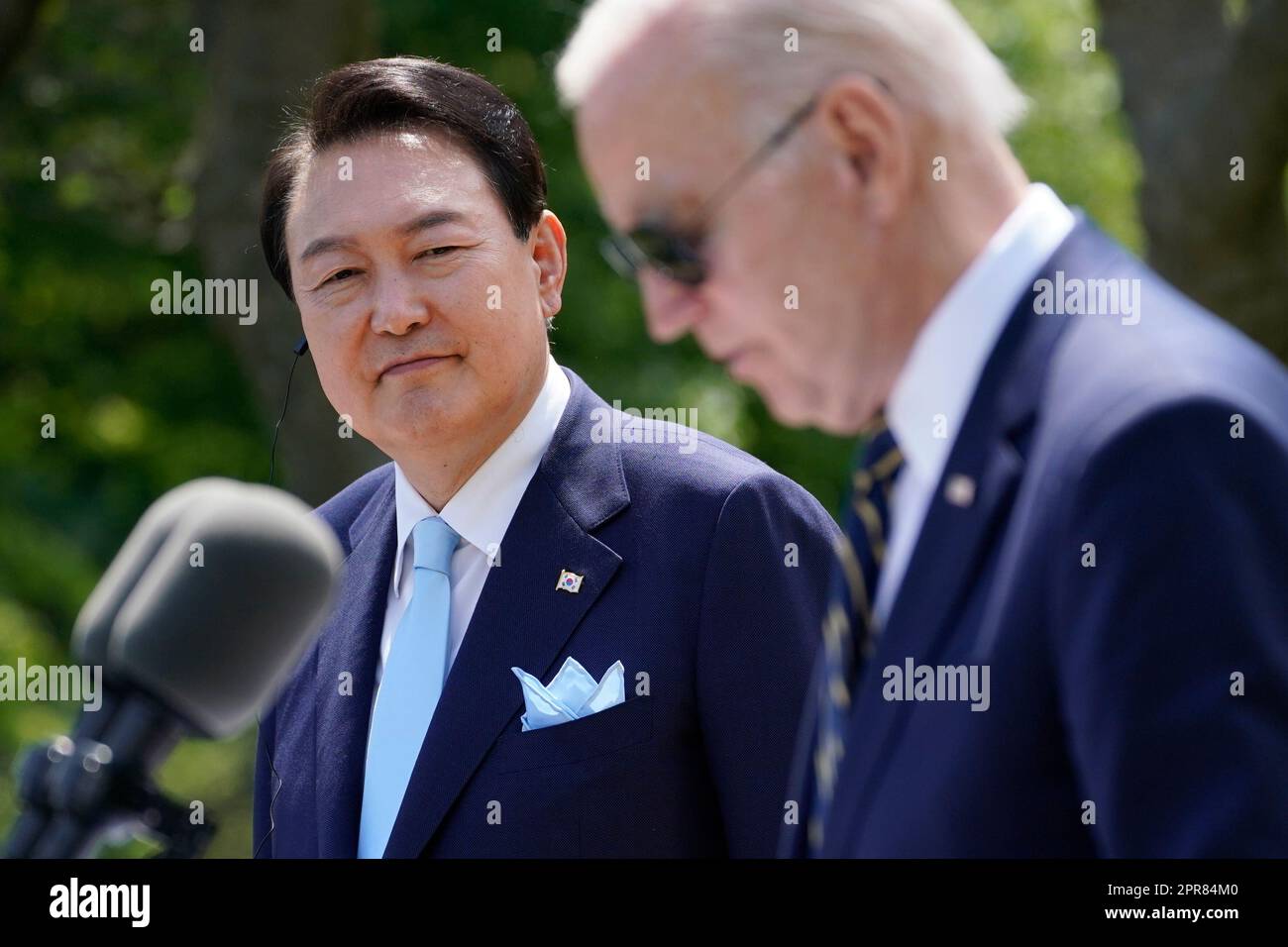 South Korea's President Yoon Suk Yeol listens as President Joe Biden ...