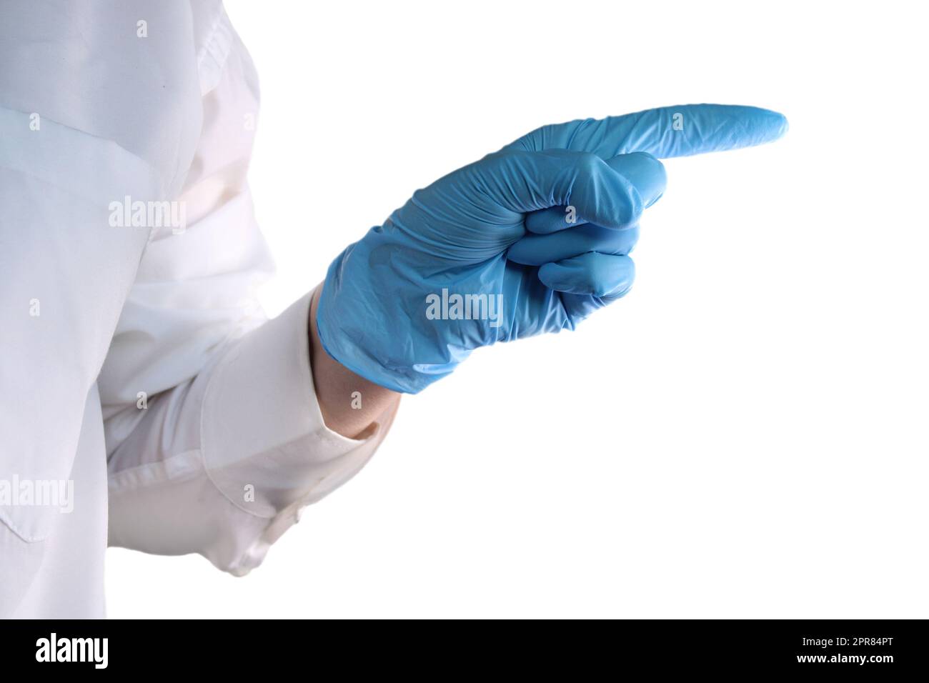 The doctor's hand in a blue medical glove points the direction with his ...