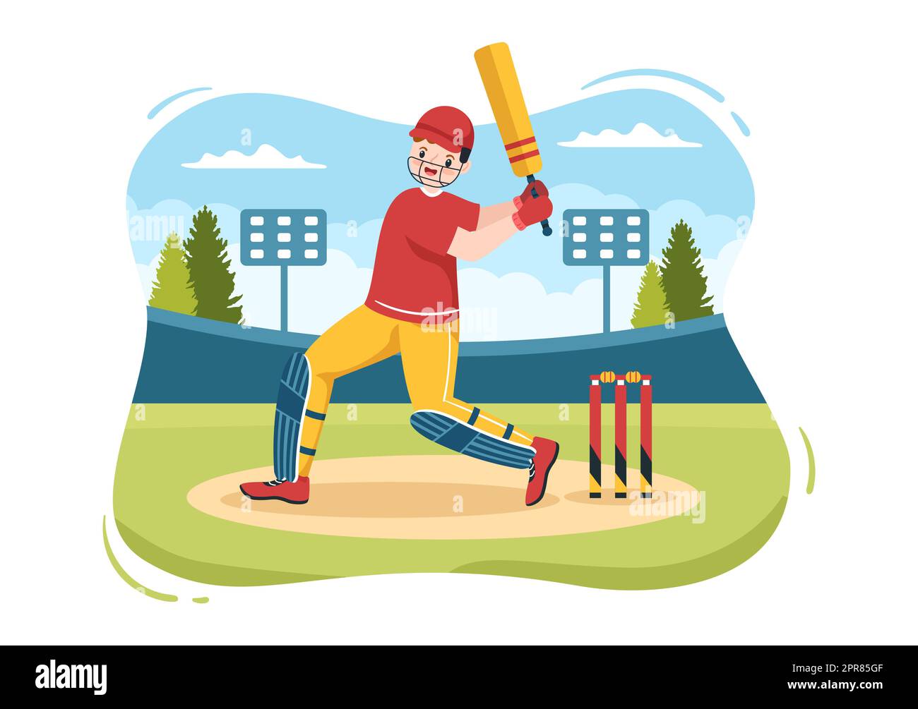 Batsman Playing Cricket Sports with Ball and Stick in Flat Cartoon ...