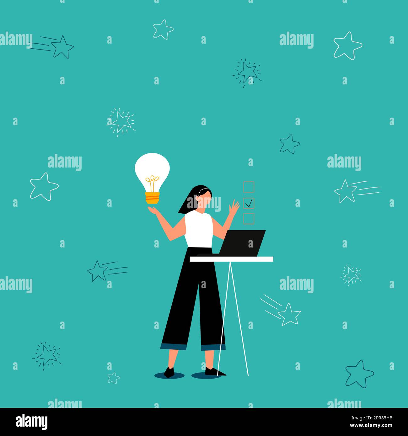 Illustration Of Girl Using Laptop Having New Amazing Ideas And Making ...