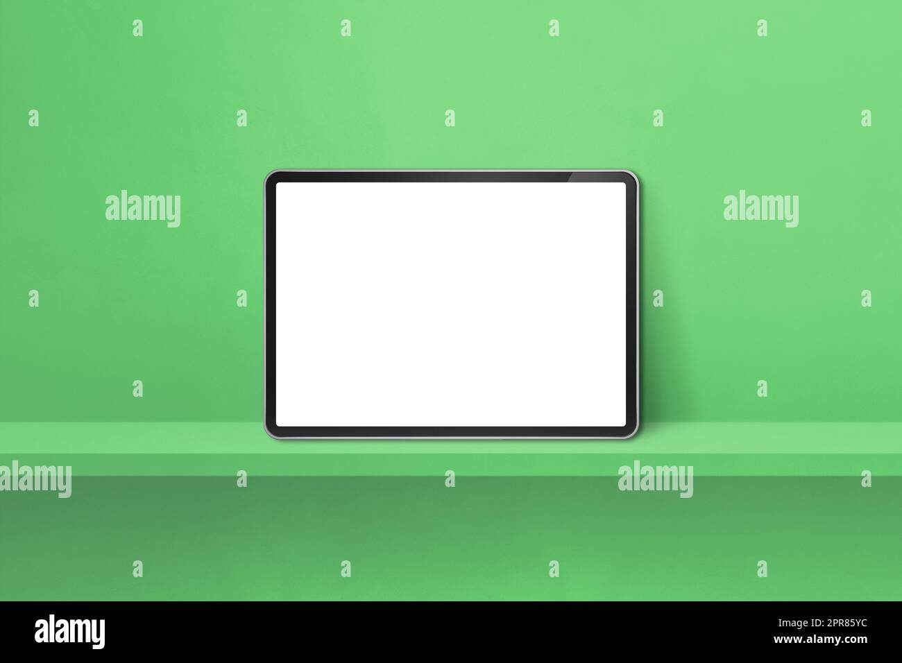 Digital tablet pc on green wall shelf. Horizontal background banner ...