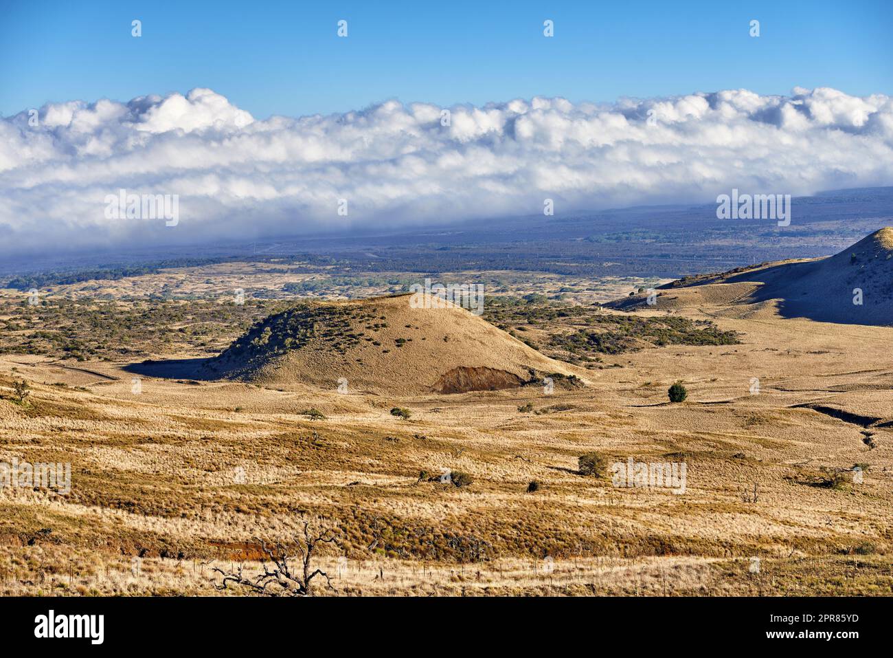Volcano crater with copy space on a cloudy horizon. High angle view of ...