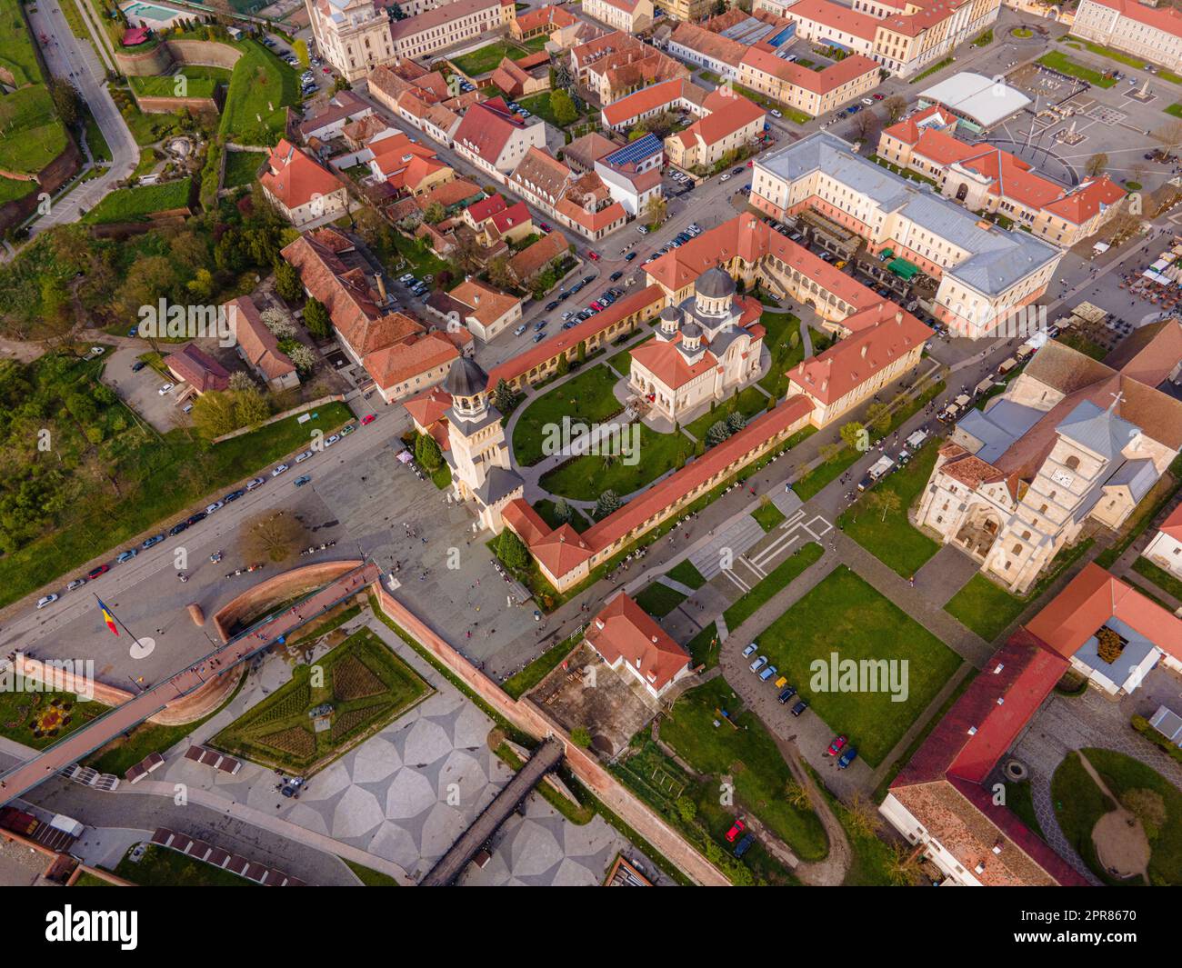 Aerial view of the Alba Carolina citadel located in Alba Iulia, Romania. In the photography can ...