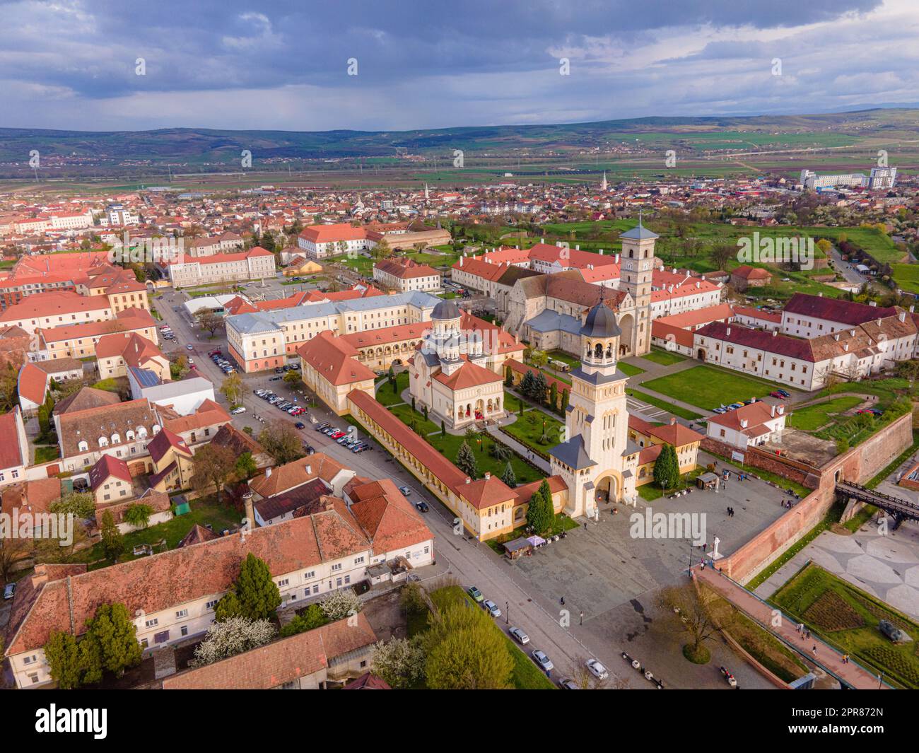 Aerial view of the Alba Carolina citadel located in Alba Iulia, Romania. In the photography can ...