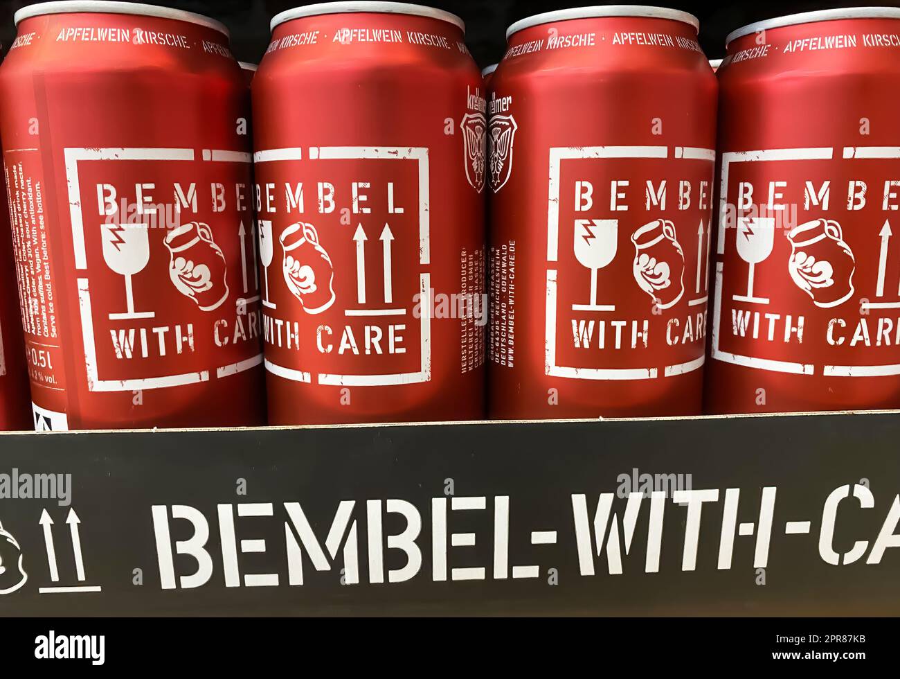 Viersen, Germany - March 9. 2023: Closeup of cans bembel with care ...