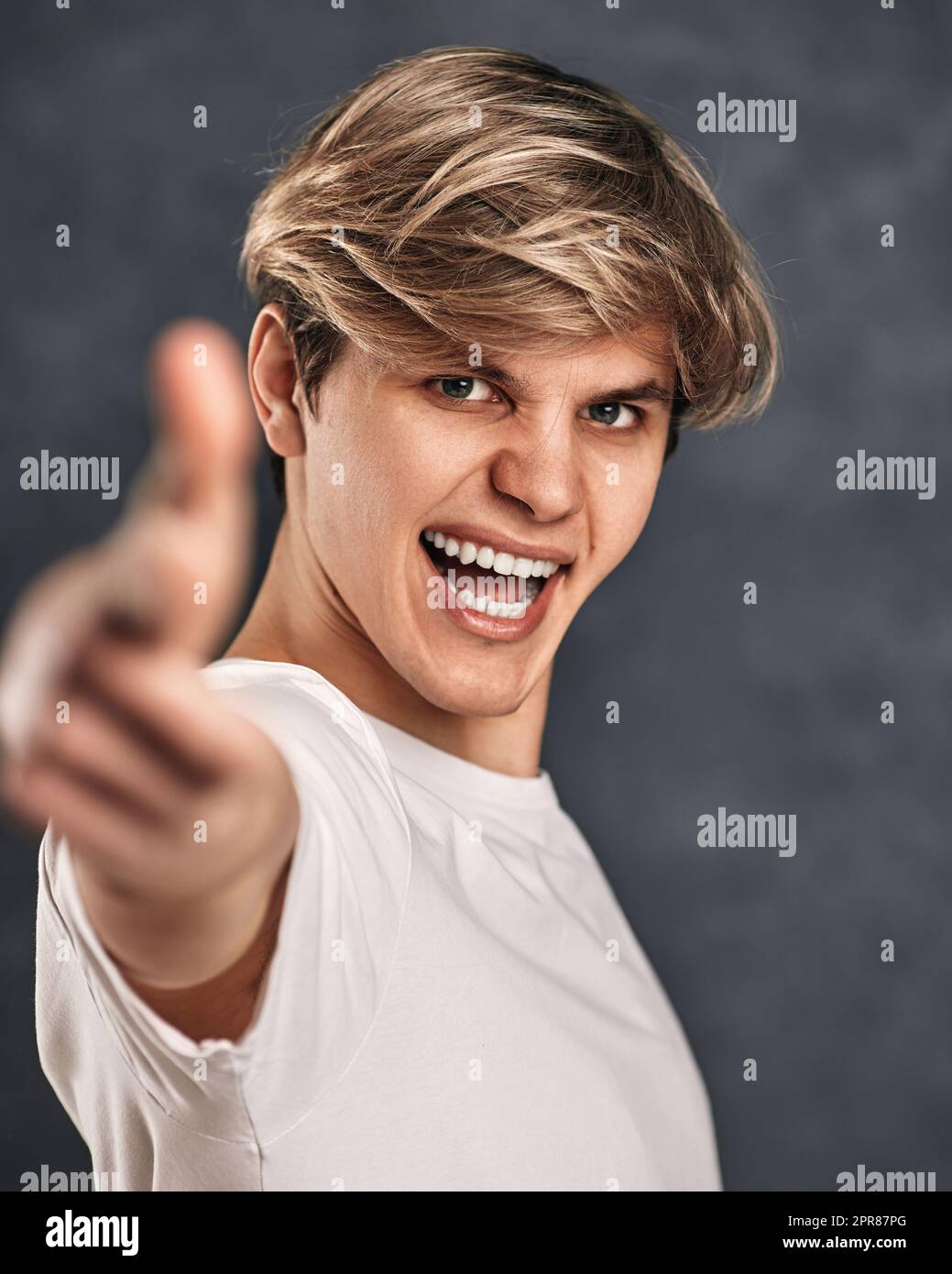 One cheerful smile isolated studio portrait white background white ...