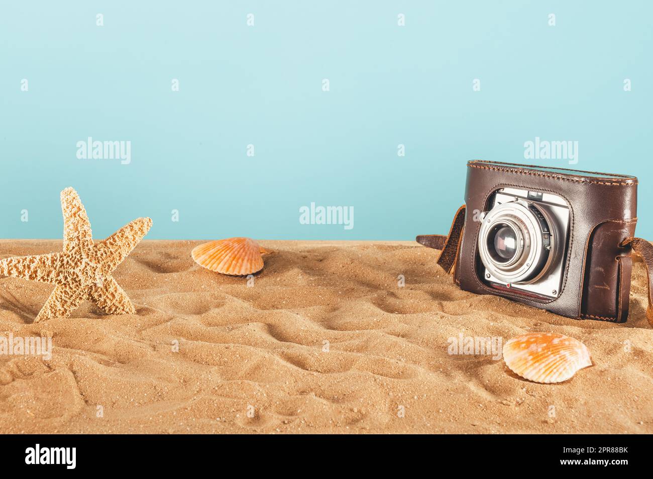 Background of beach with seashells, starfish and a retro photo camera ...