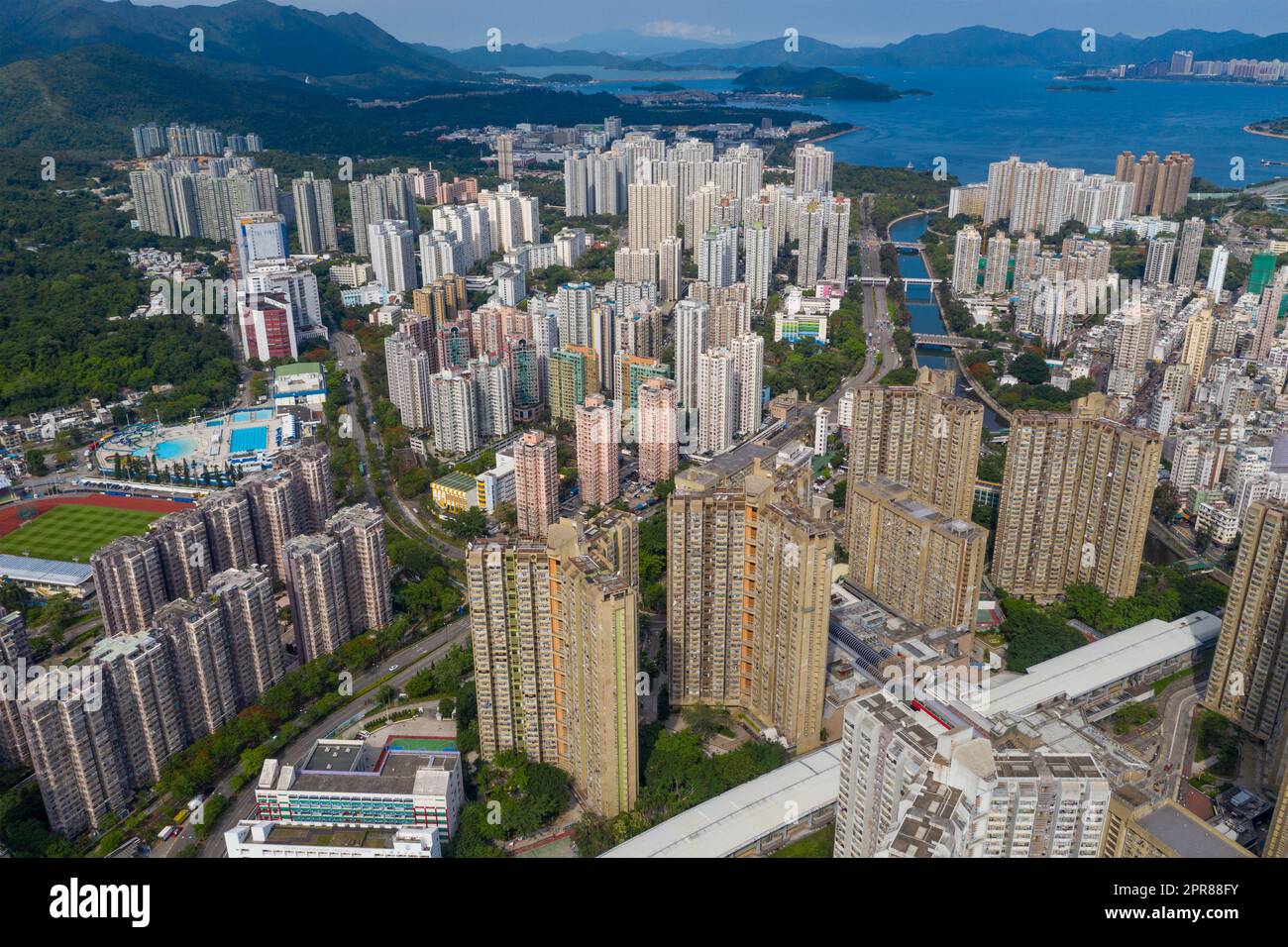 Tai Po, Hong Kong 17 May 2020: Top view of Hong Kong residential ...