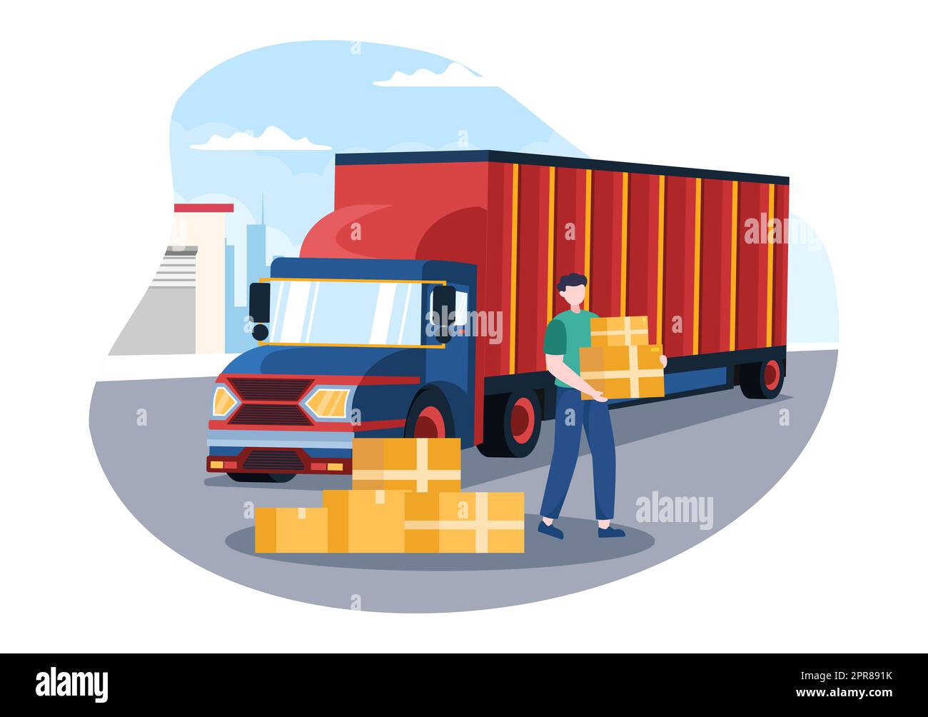 Trucking Transportation Cartoon Illustration with Cargo Delivery ...