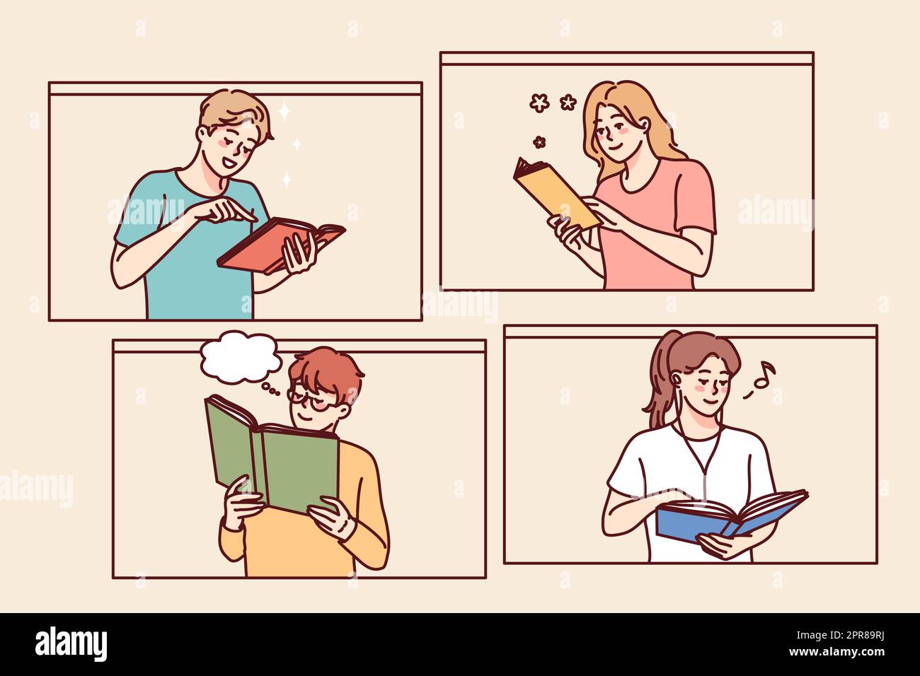Happy people reading books. Smiling men and women enjoy literature ...