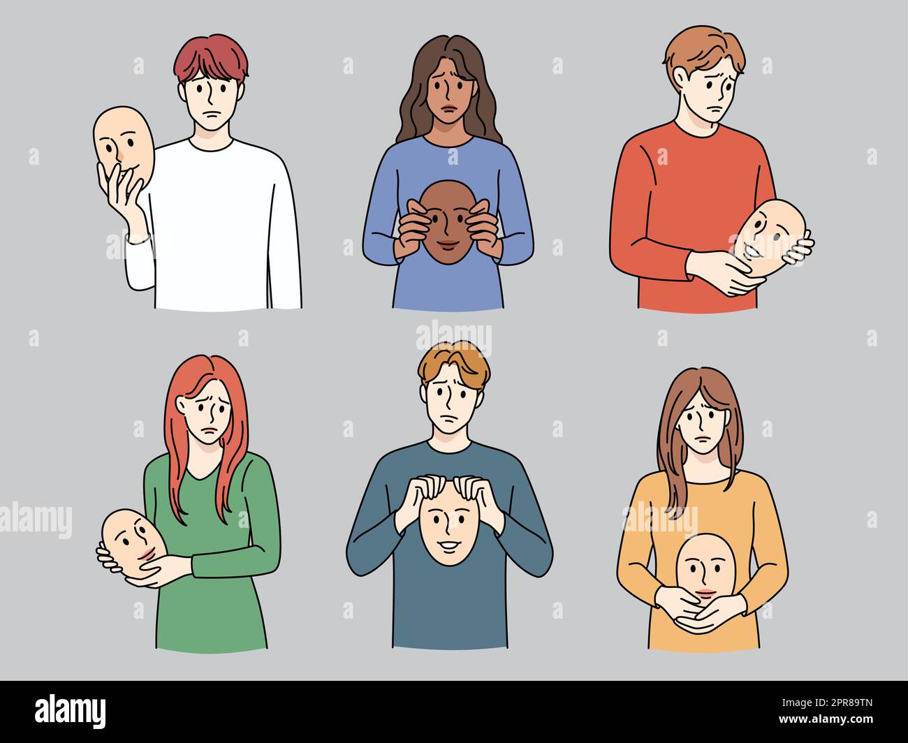 Set of unhappy people holding smiling masks in hands suffer from ...