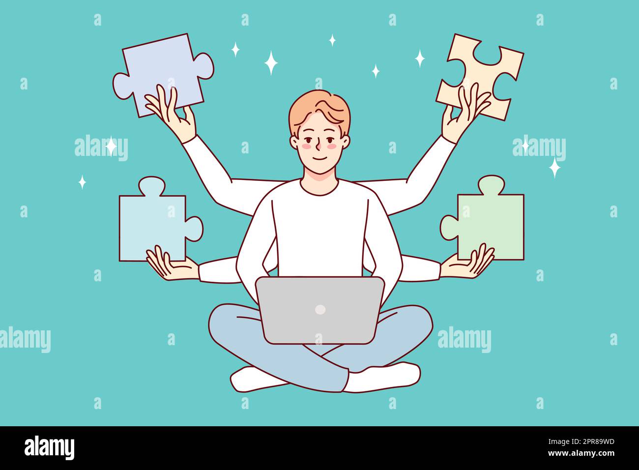 Man working on laptop solving business problem. Male employee with ...