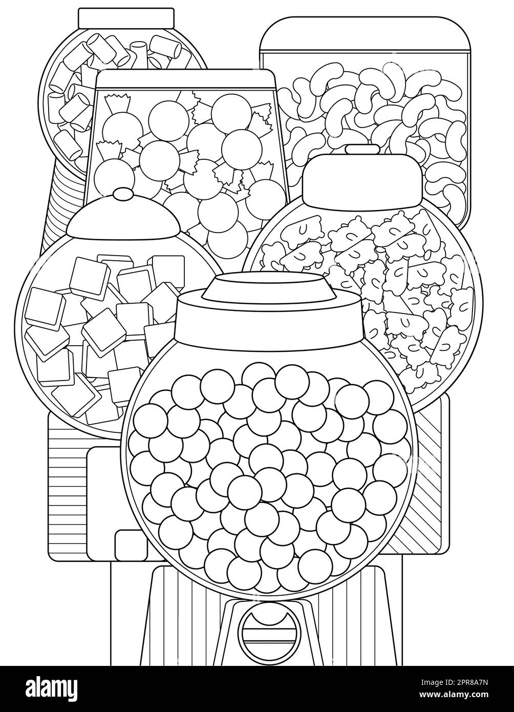 Coloring Page With Variuos Candies In Different Jars In Vending Machine ...