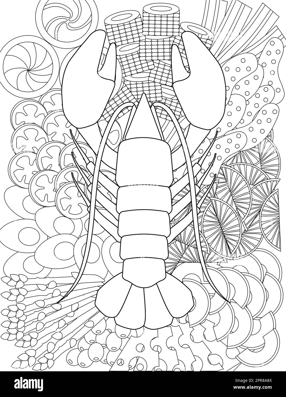 Coloring Book Page With Crab Ready For Cooking Above Different Food ...