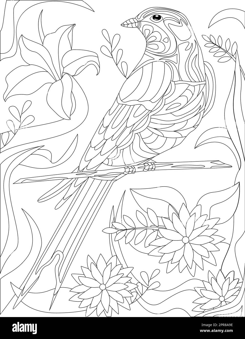 Coloring Page With Standing Parrot With Different Flowers In Background ...