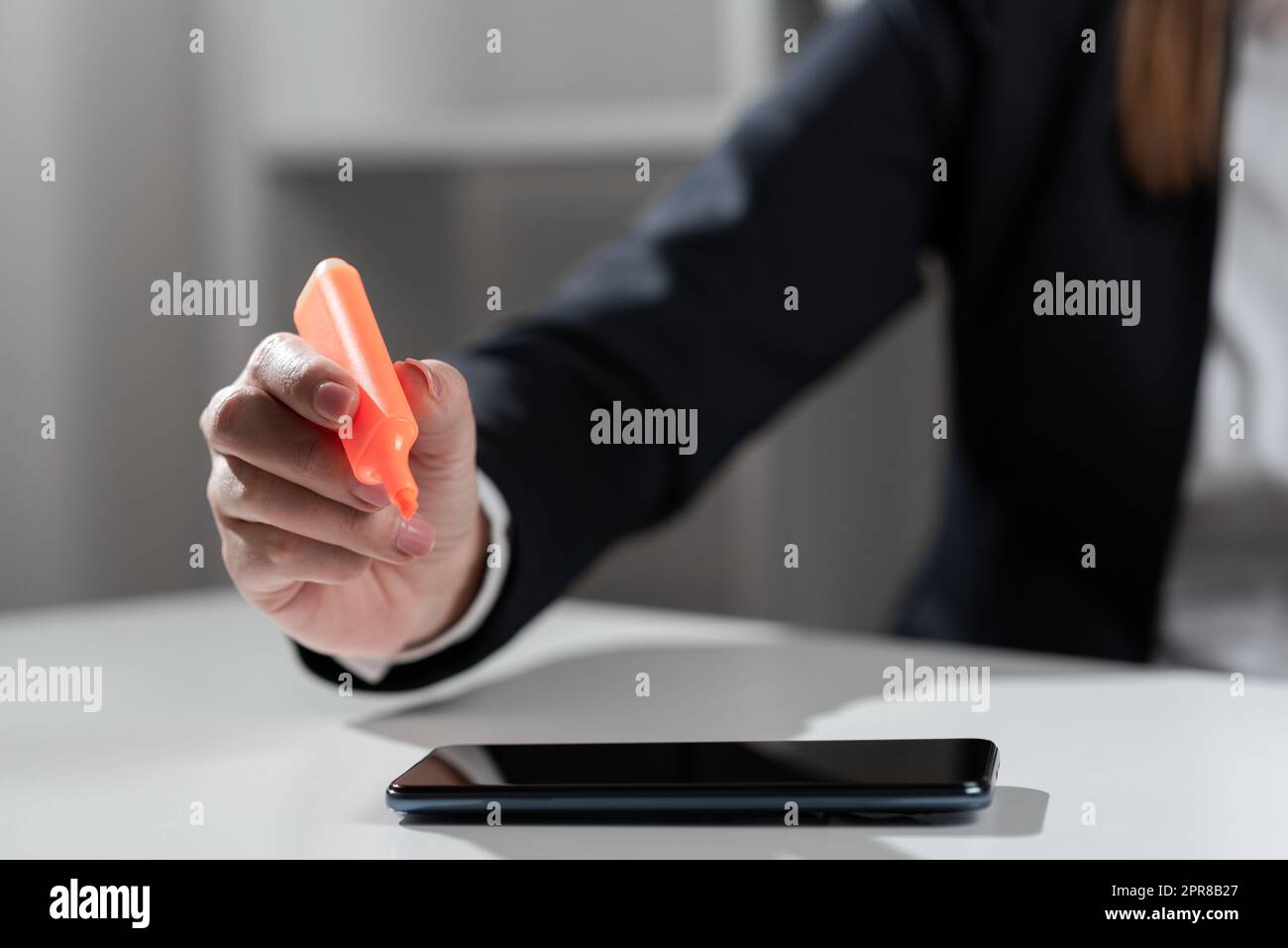 Businesswoman Pointing With Marker On Important Messages On Desk With ...