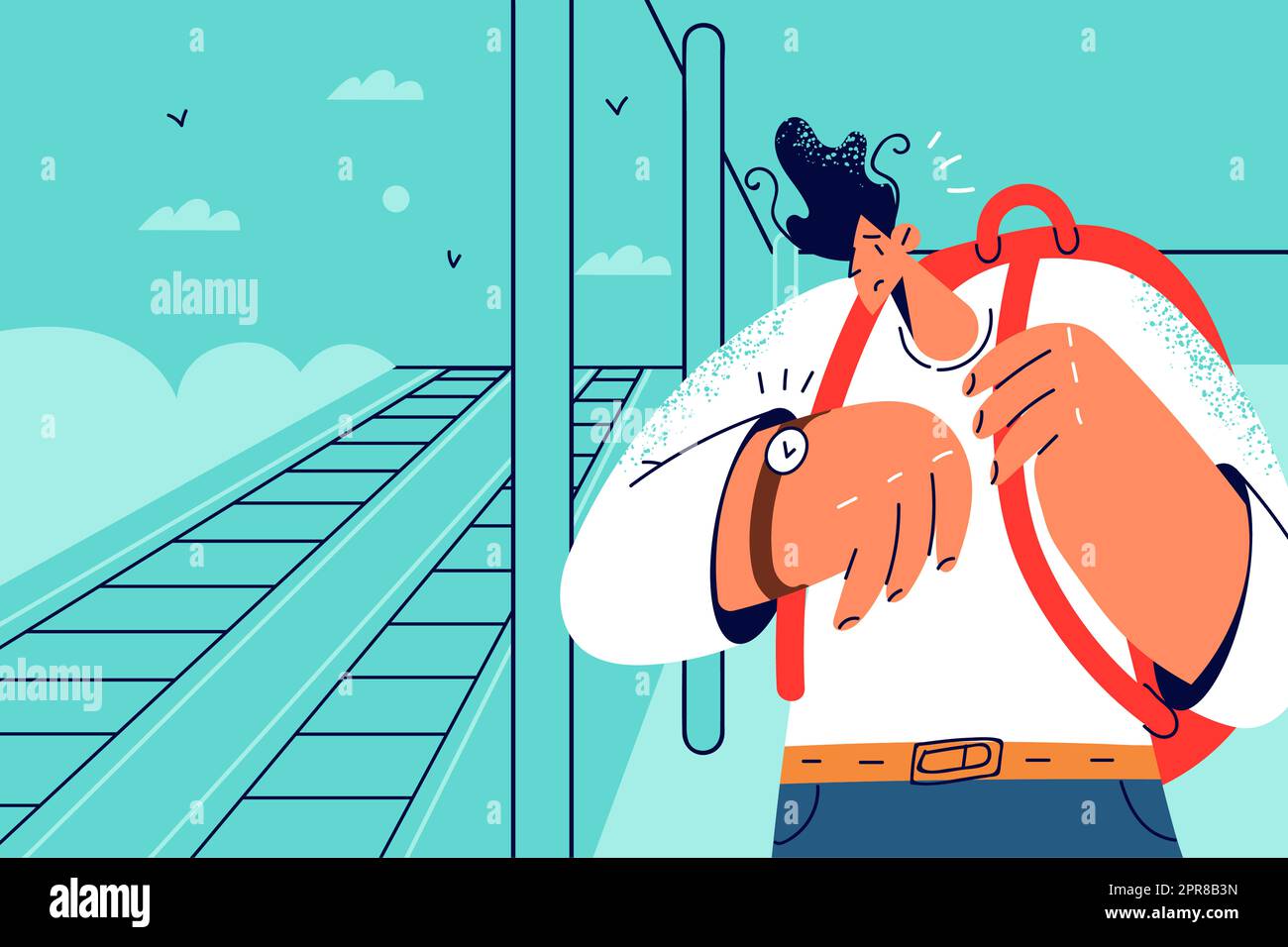 Stressed man standing on platform looking at clock worried about train ...