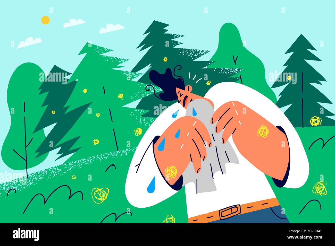 Unhappy man get lost in wood crying feeling abandoned and anxious ...