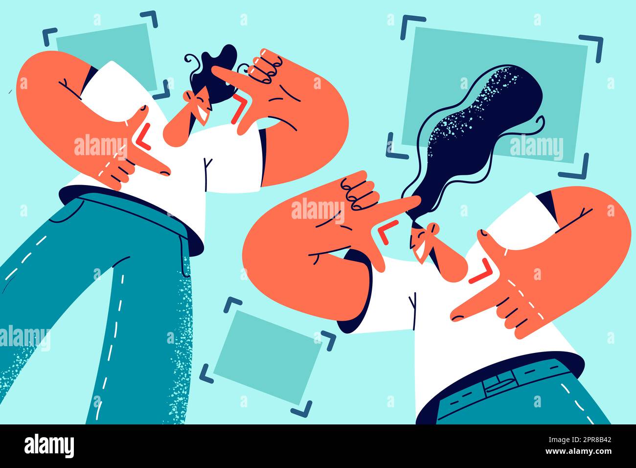 Smiling people make hand gesture posing for picture together. Happy ...