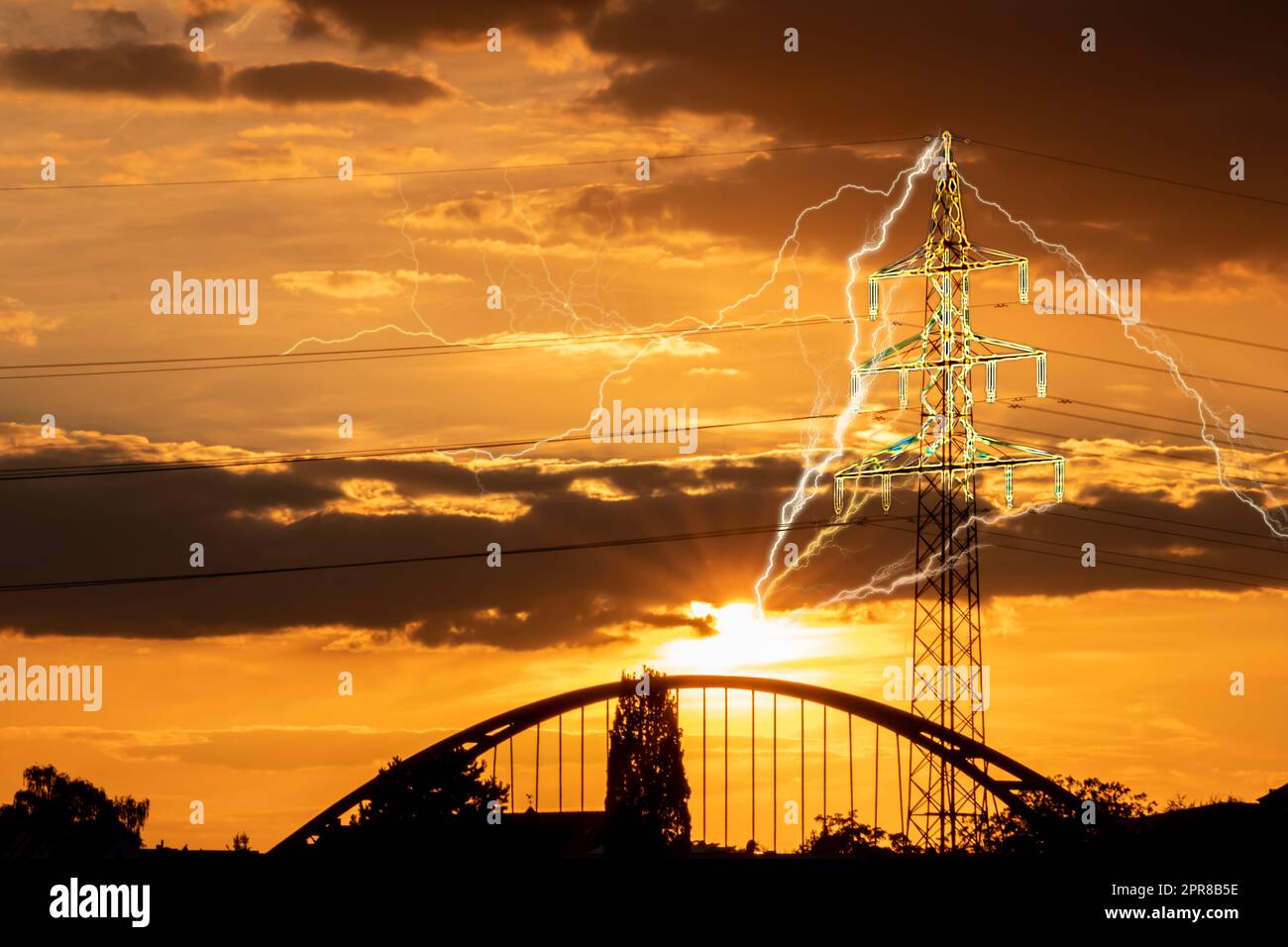 Electric lightning bolts out of the sun with solar energy directly into ...