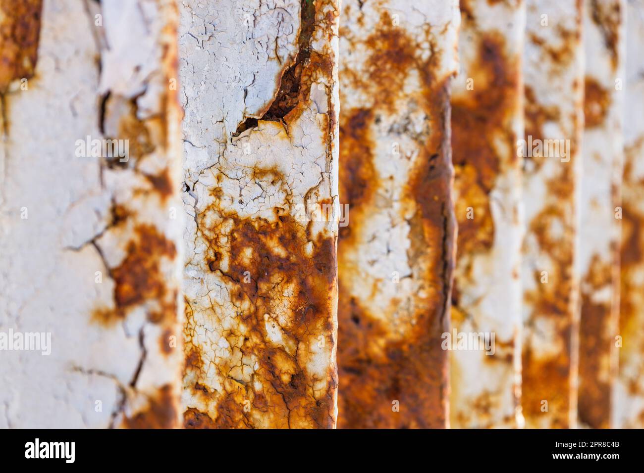 Rusty bridge railing texture background with cracked white paint Stock ...
