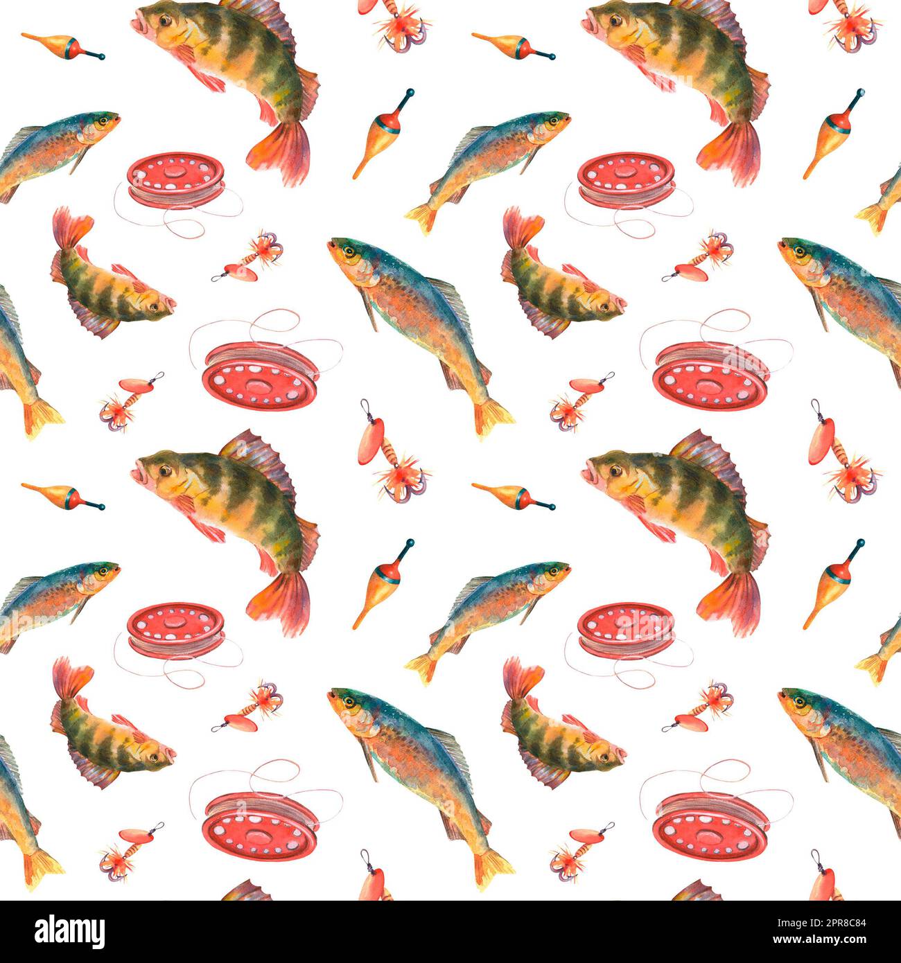 Watercolor seamless pattern with fish and fishing tools on white ...