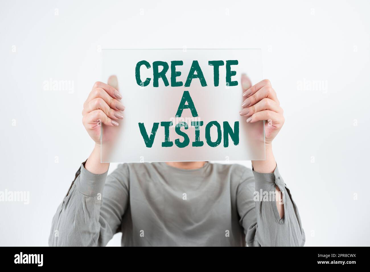 Hand writing sign Create A Vision. Business concept Develop a strategy mission motivation ...