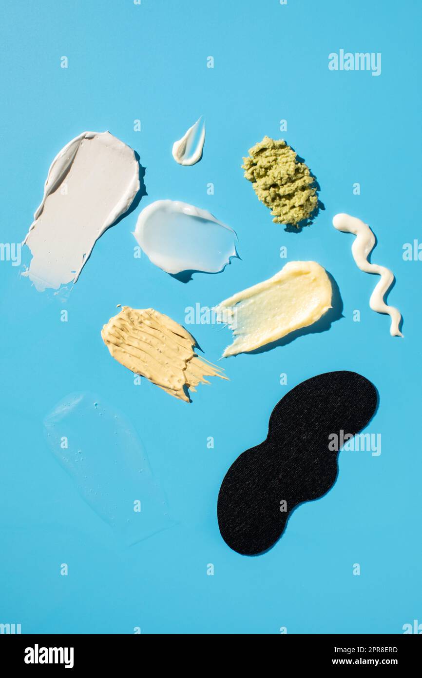 Samples and textures of various cosmetics for skin and hair care ...