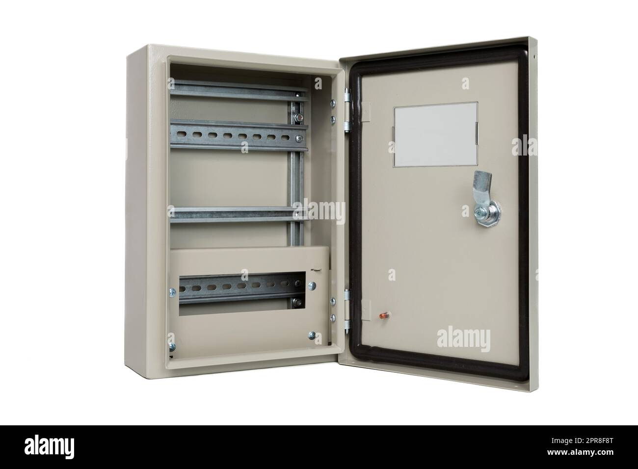 Metal panel for electrical equipment, isolated on a white background ...