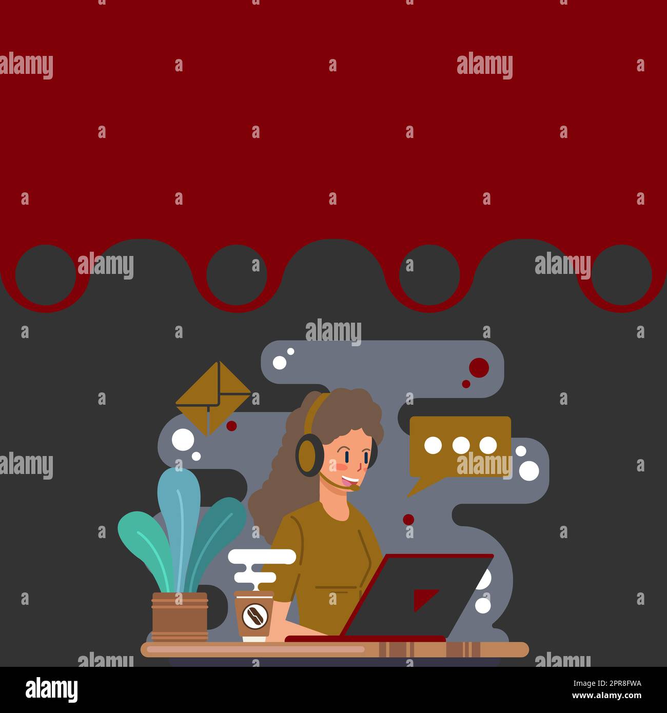 Lady Call Center Illustration With Headphones And Computer Speech ...