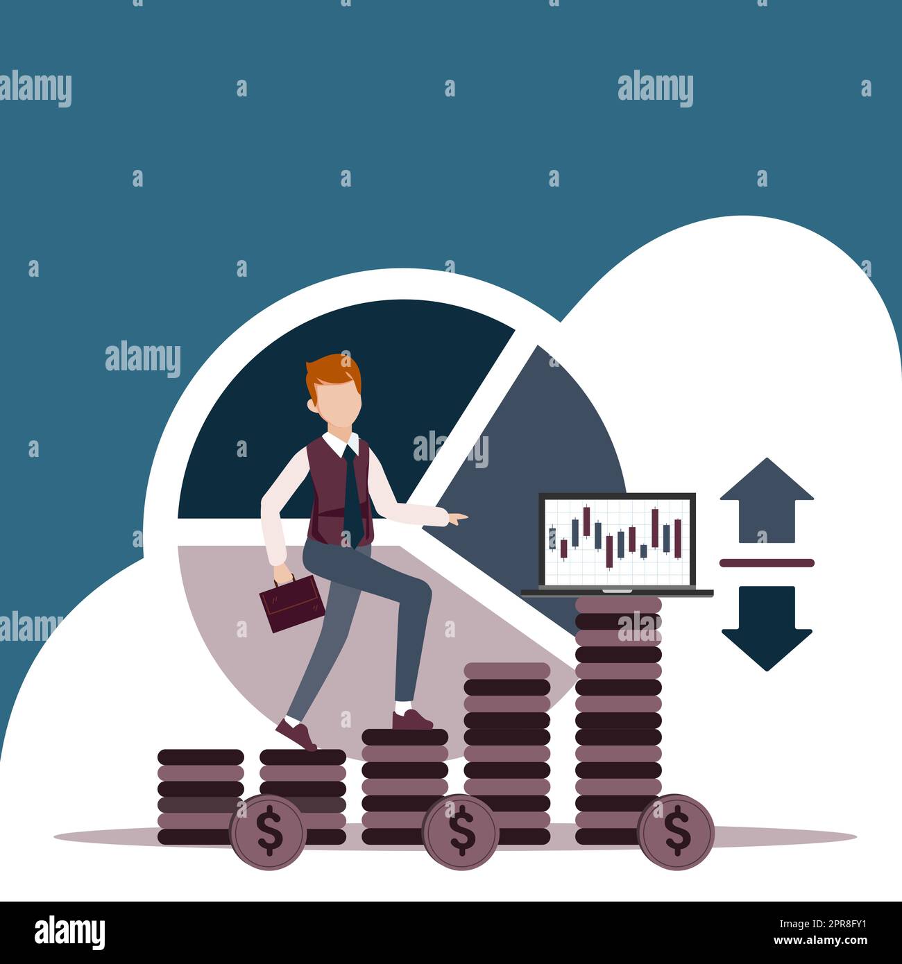 Gentleman Climbing Up Ladder Trying To Reach Stars And Big Goals. Man ...