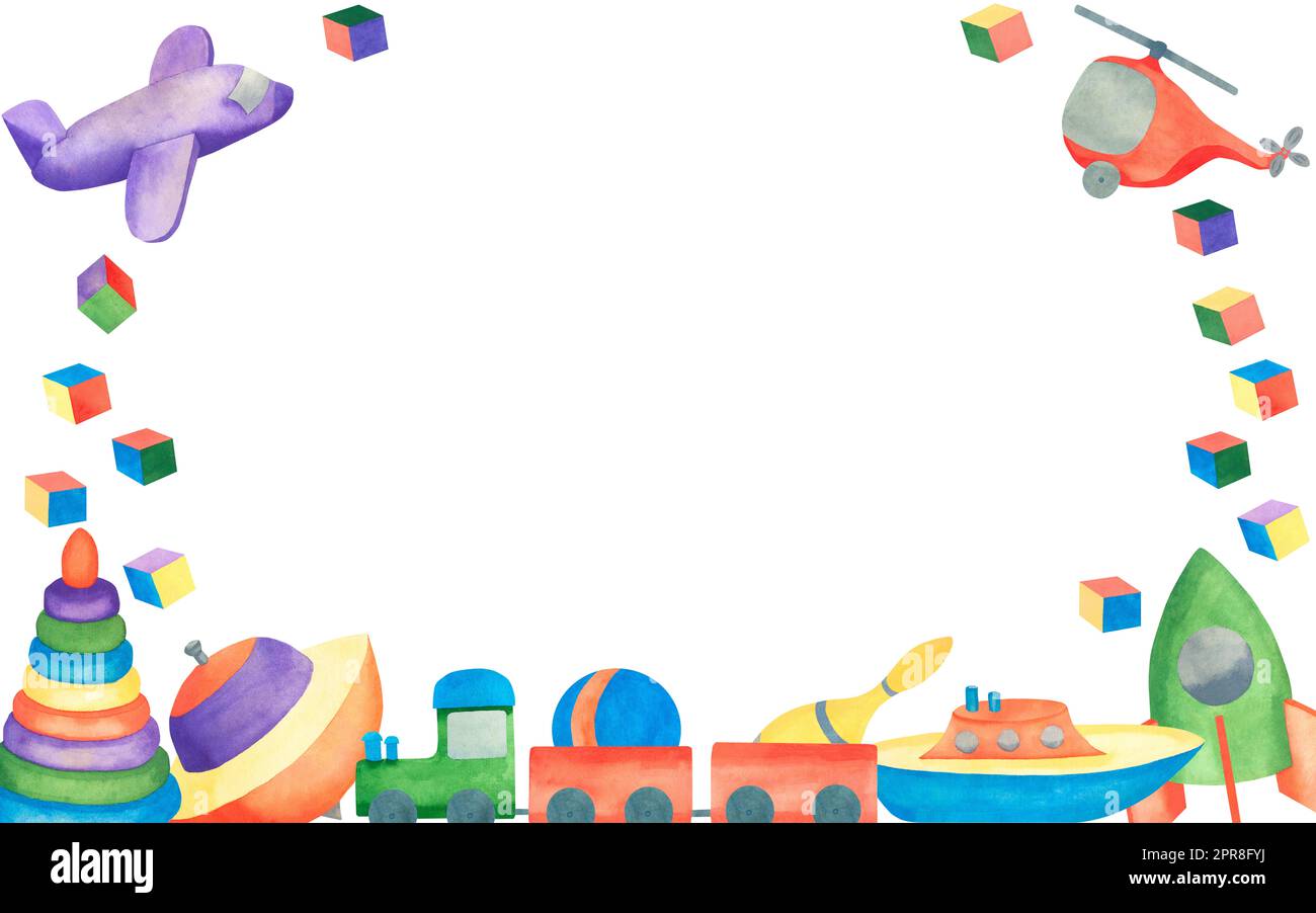 Kids toys. Watercolor illustration of pyramid, spinning top, helicopter ...