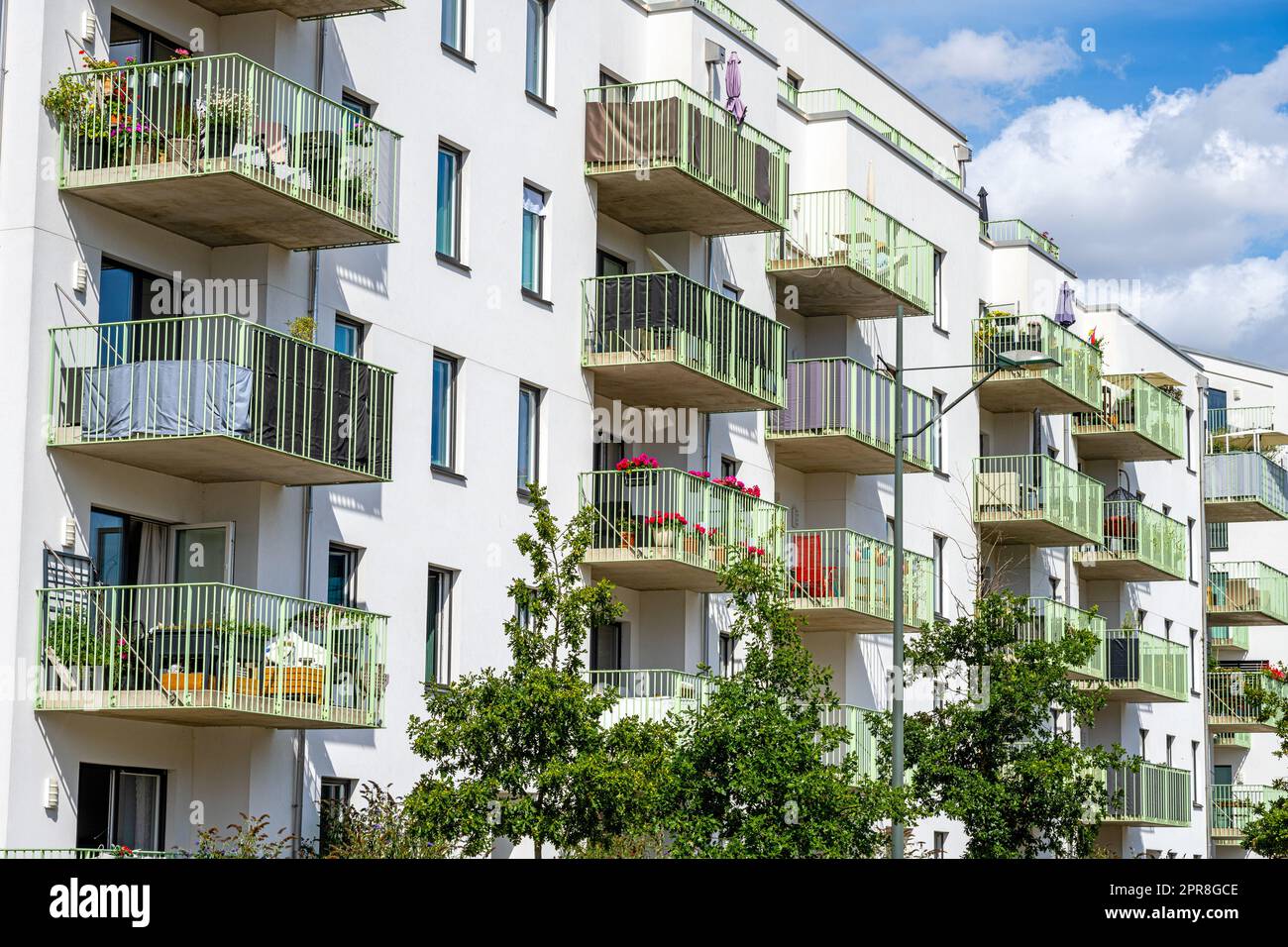 White residential building with many balconies seen in Berlin, Germany ...