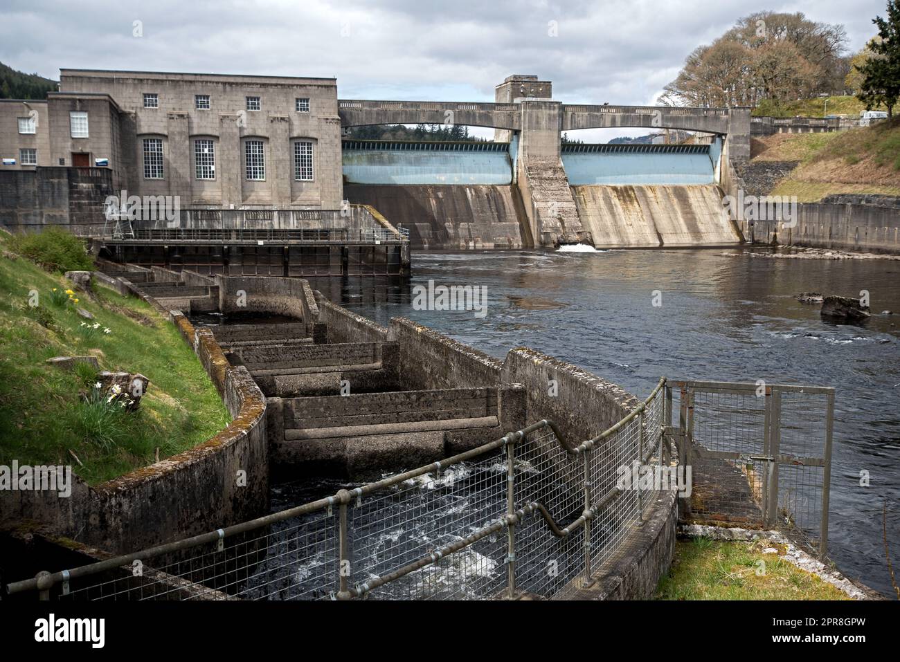 Pitlochry Dam and Hydro Electric power station with fish ladder on the ...