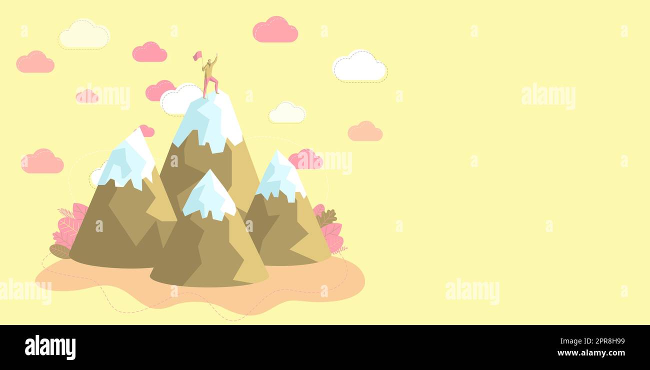 Man On A Mountain Drawing Proud Of His Climbing Success To The Clouds ...